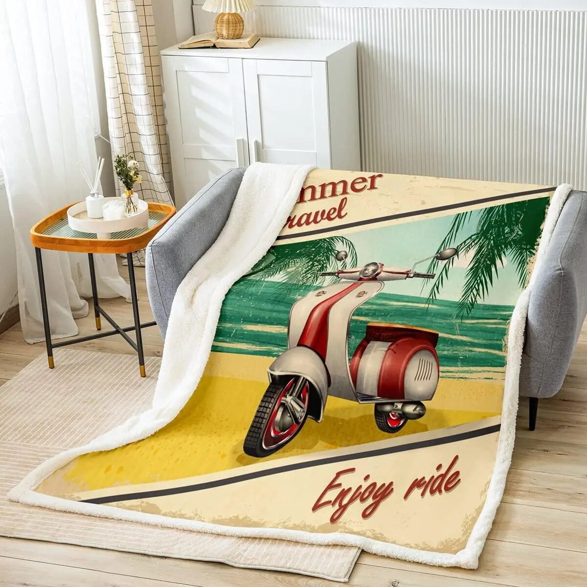 Summer Travel Flannel Blanket Sea Beach Scooter Motorbike Trees Print ...