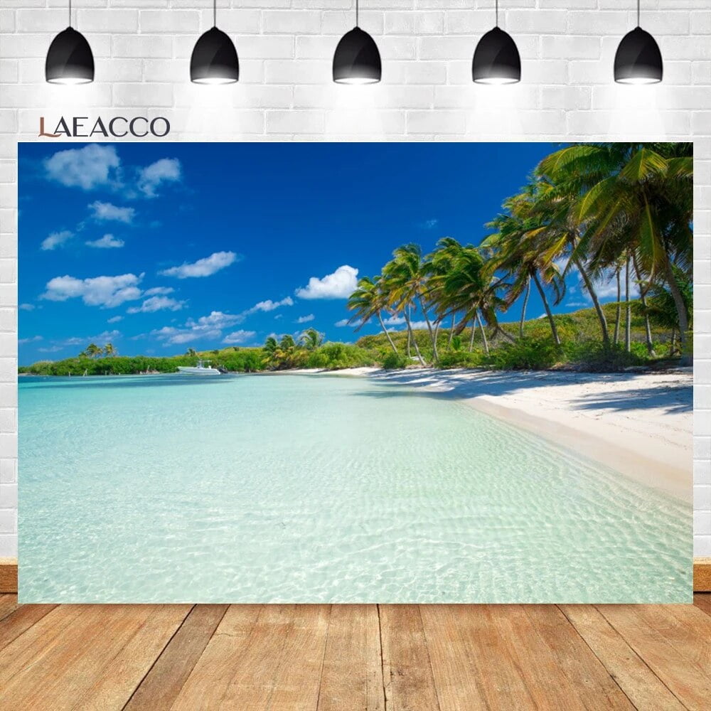 Summer Tropical Beach Backdrop Seaside Island Palm Tree Blue Sea Sky ...