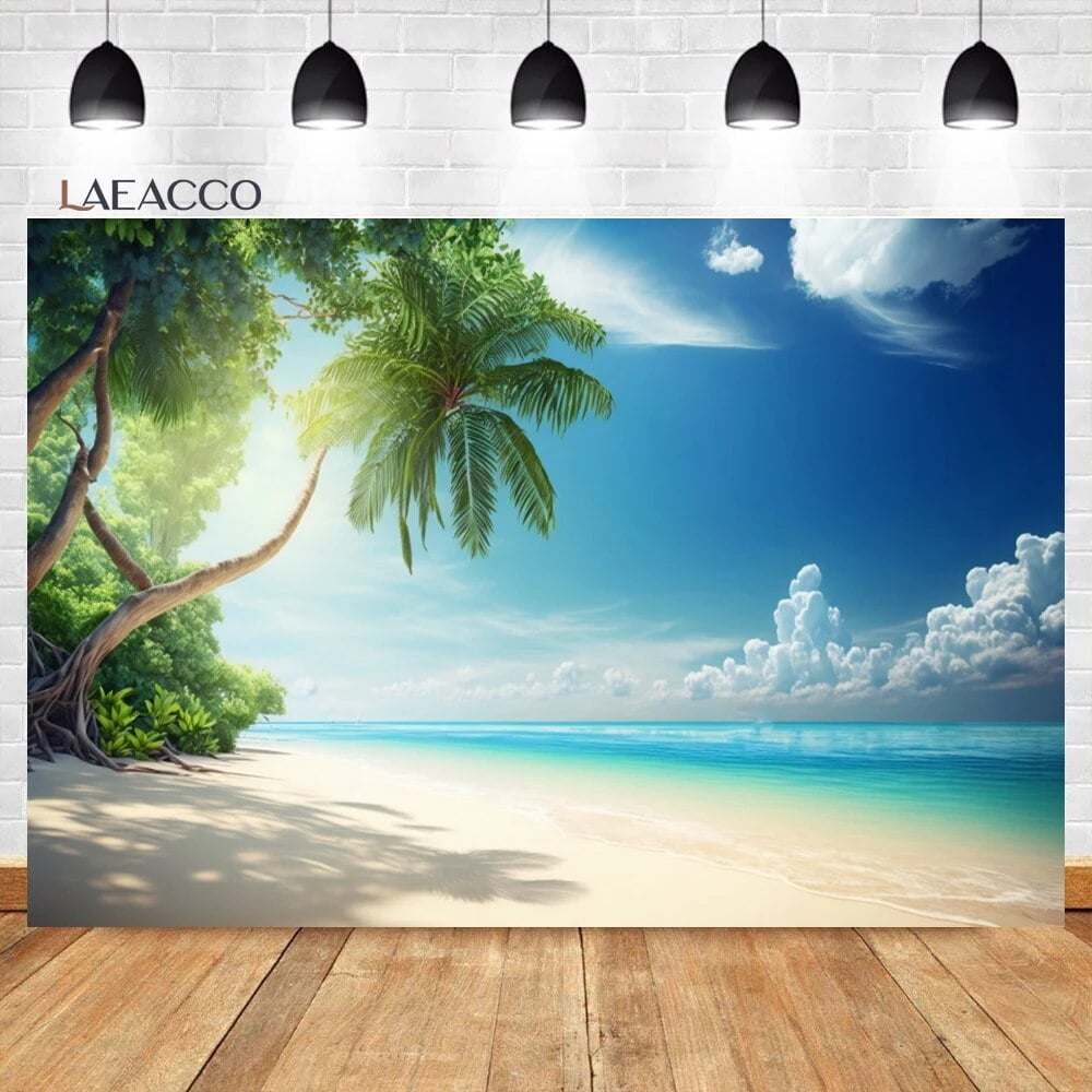 Summer Tropical Beach Backdrop Seaside Island Palm Trees Blue Sea Sky ...