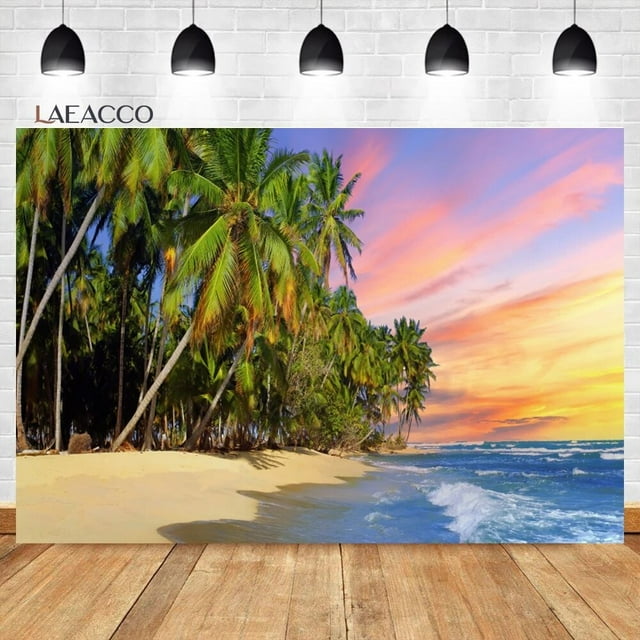 Summer Tropical Beach Backdrop Seaside Island Palm Trees Blue Sea Sky ...