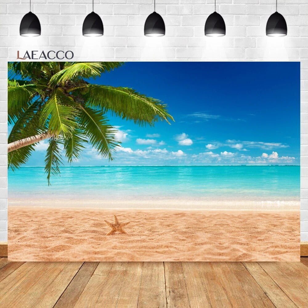Summer Tropical Beach Backdrop Seaside Island Palm Trees Blue Sea Sky ...