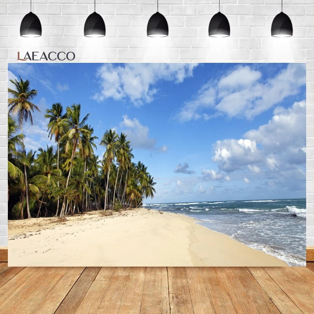 Summer Tropical Beach Backdrop Seaside Island Palm Trees Blue Sea Sky ...
