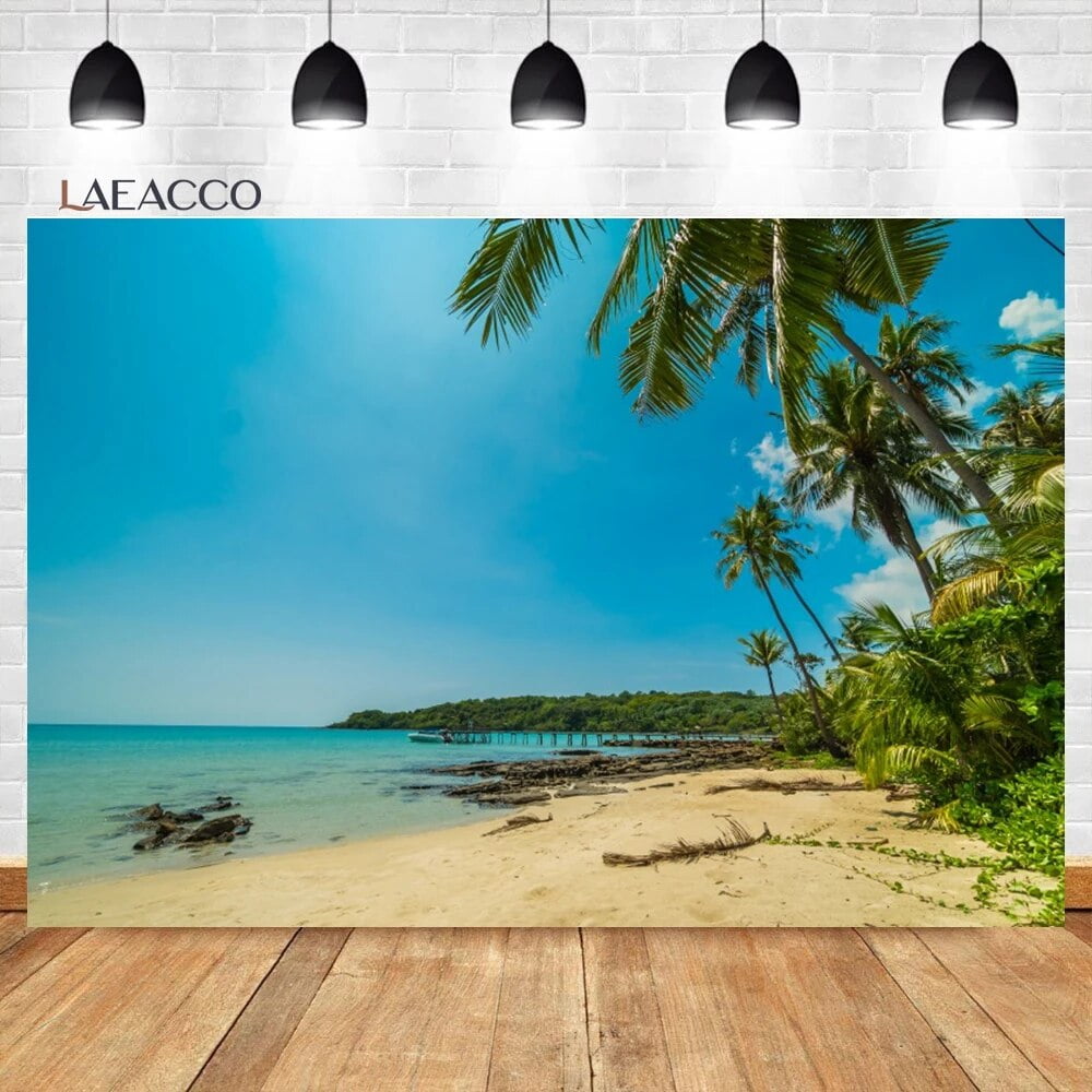 Summer Tropical Beach Backdrop Seaside Island Palm Trees Blue Sea Sky ...