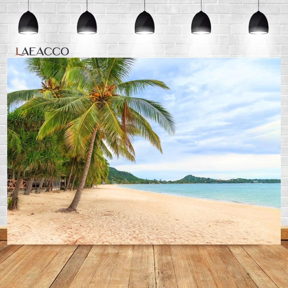 Summer Tropical Beach Backdrop Seaside Island Palm Trees Blue Sea Sky ...