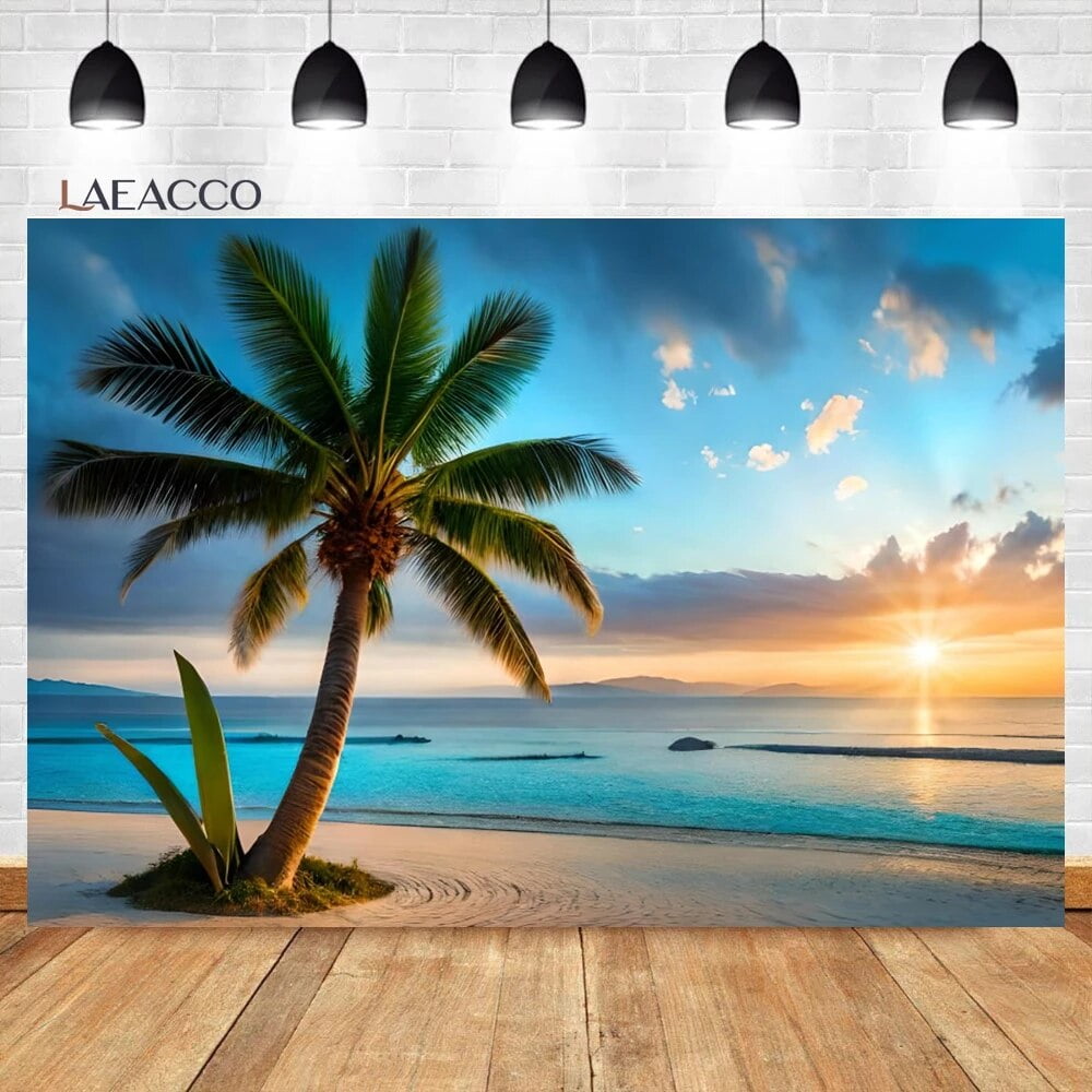 Summer Tropical Beach Backdrop Seaside Island Palm Trees Blue Sea Sky ...