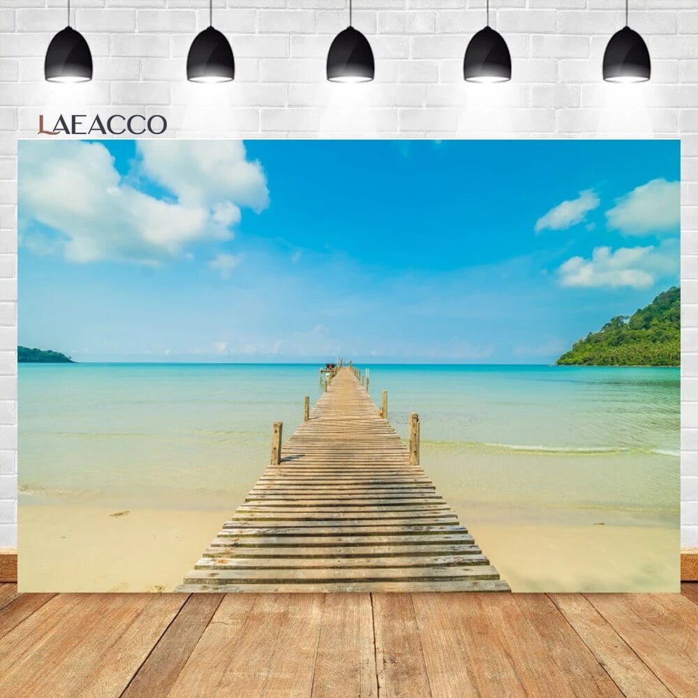 Summer Tropical Beach Backdrop Seaside Island Palm Trees Blue Sea Sky ...