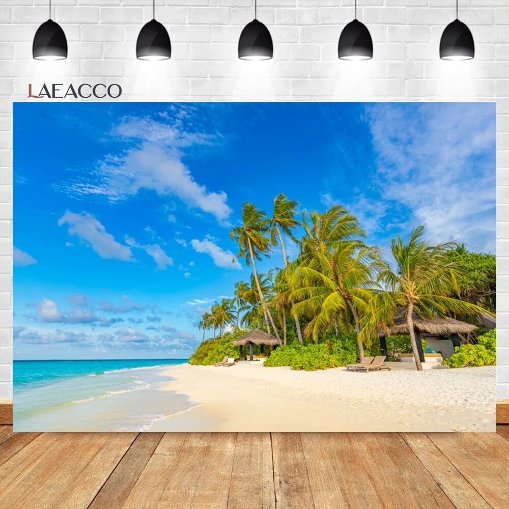 Summer Tropical Beach Backdrop Seaside Island Palm Trees Blue Sea Sky ...