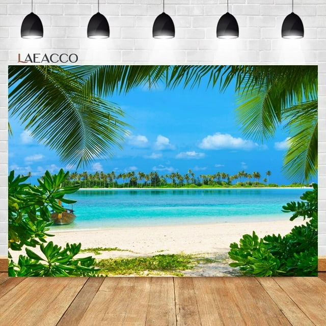 Summer Tropical Beach Backdrop Seaside Island Palm Trees Blue Sea Sky ...