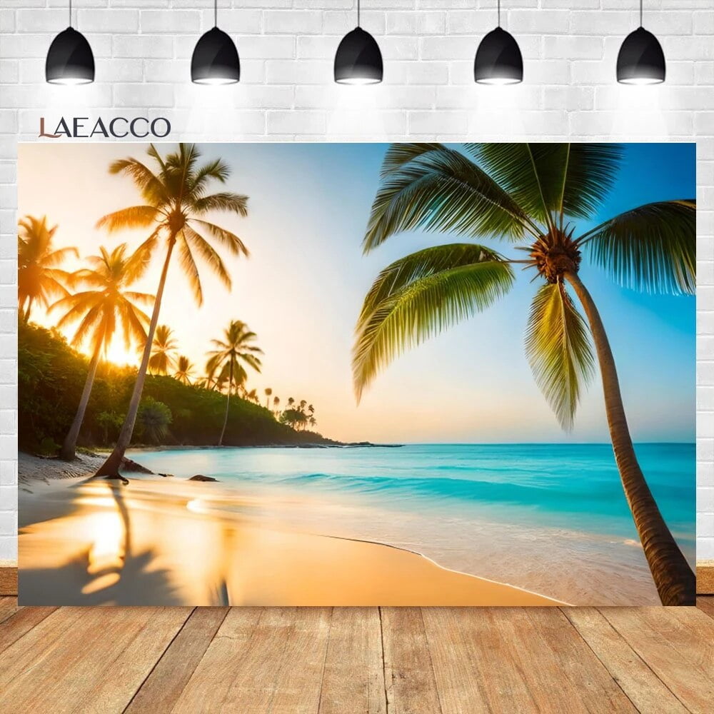 Summer Tropical Beach Backdrop Seaside Island Palm Trees Blue Sea Sky ...