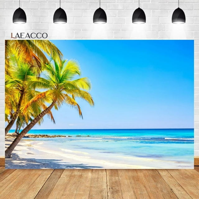 Summer Tropical Beach Backdrop Seaside Island Palm Trees Blue Sea Sky ...