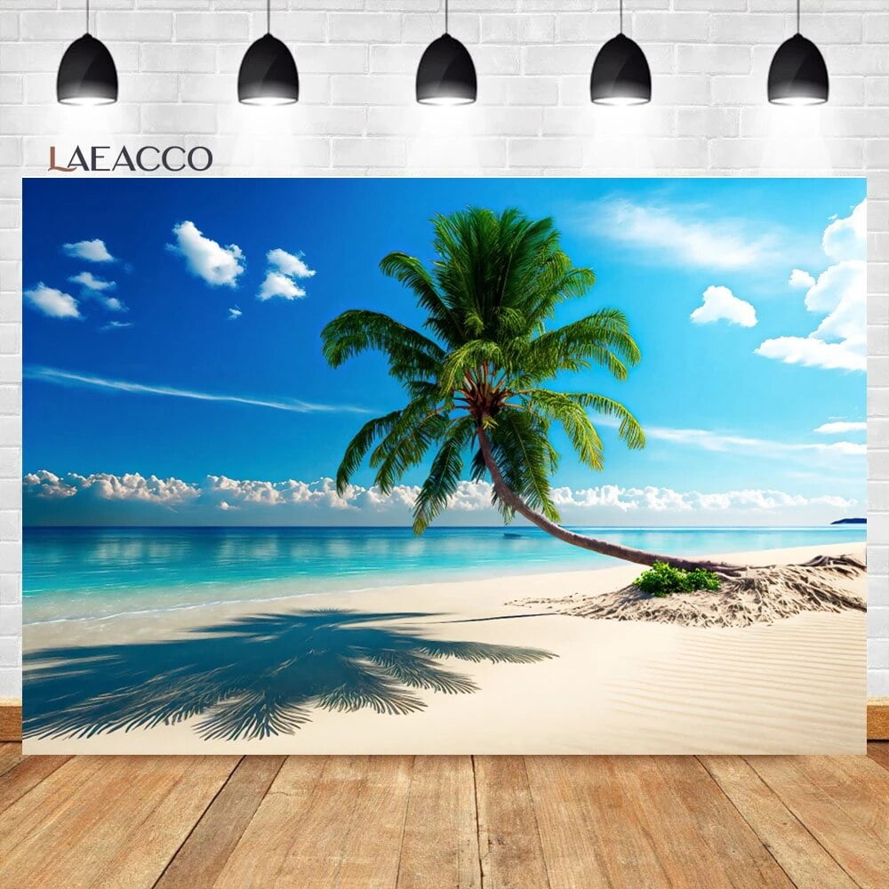 Summer Tropical Beach Backdrop Seaside Island Palm Trees Blue Sea Sky ...