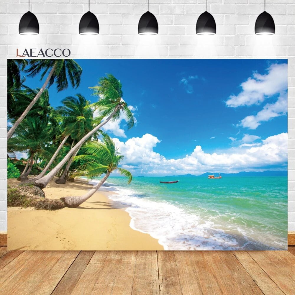 Summer Tropical Beach Backdrop Seaside Island Palm Trees Blue Sea Sky ...