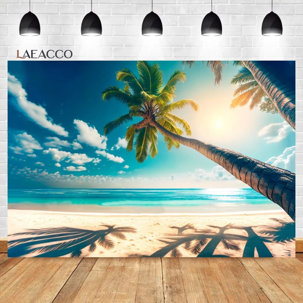 Summer Tropical Beach Backdrop Seaside Island Palm Trees Blue Sea Sky ...