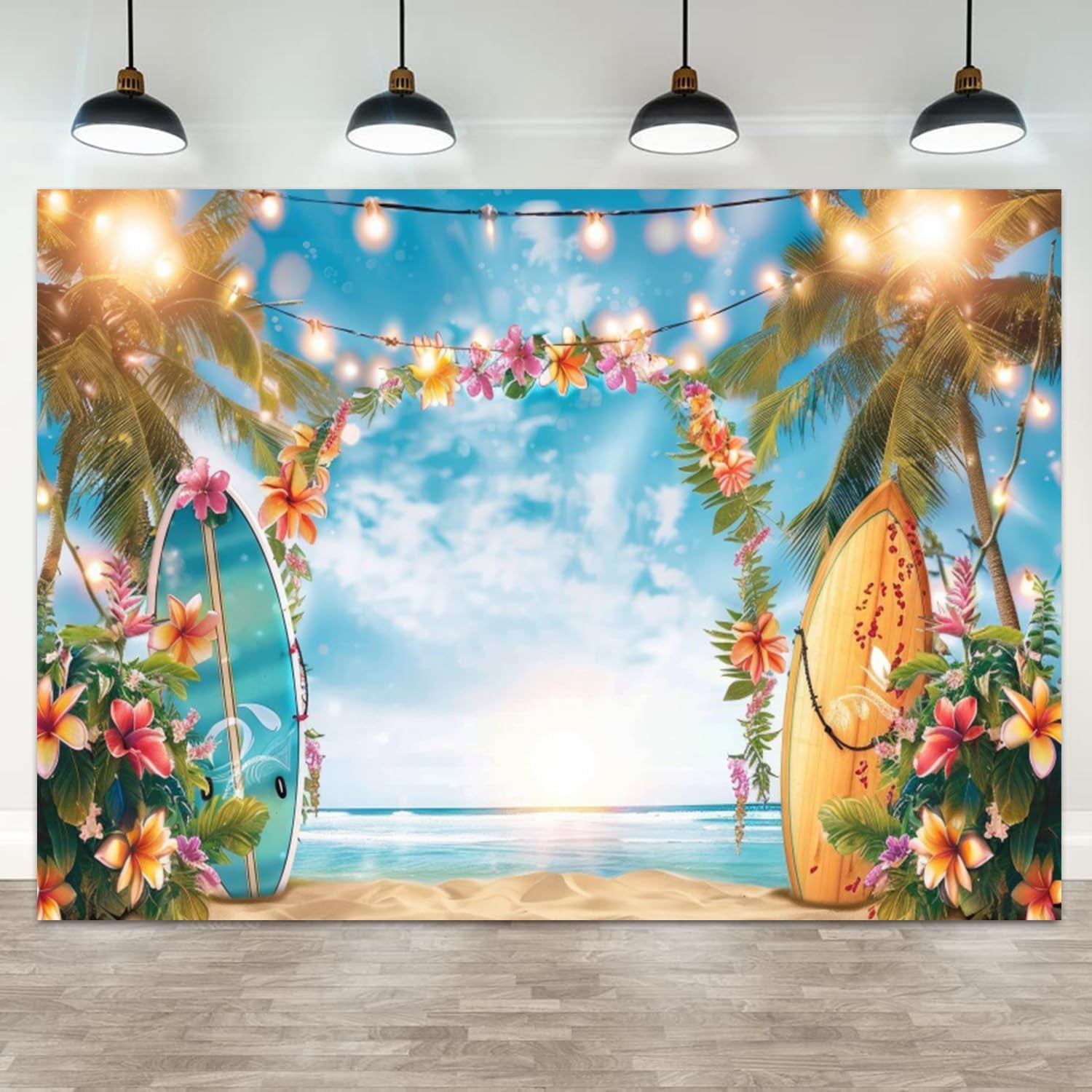 Summer Tropical Beach Backdrop Surfboard Palm Flower Photography ...