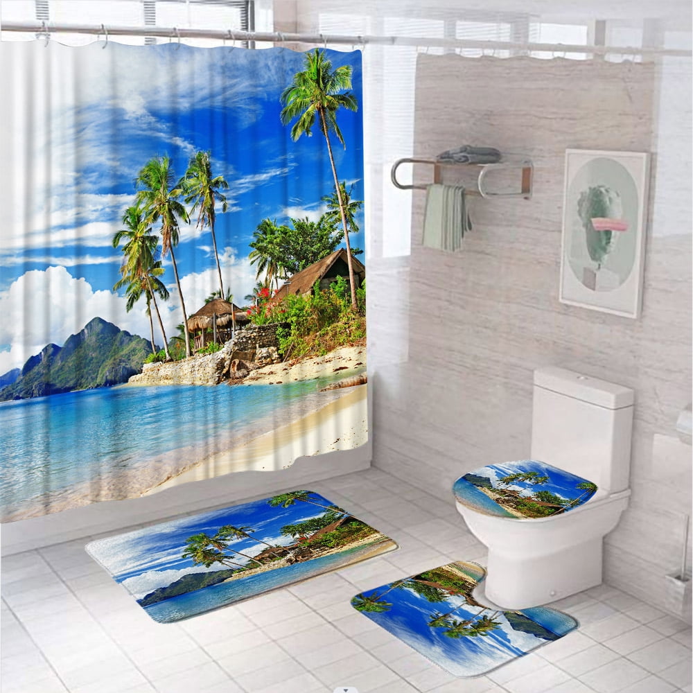 Summer Tropical Beach Shower Curtain Set Seaside Island Palm Tree Blue ...
