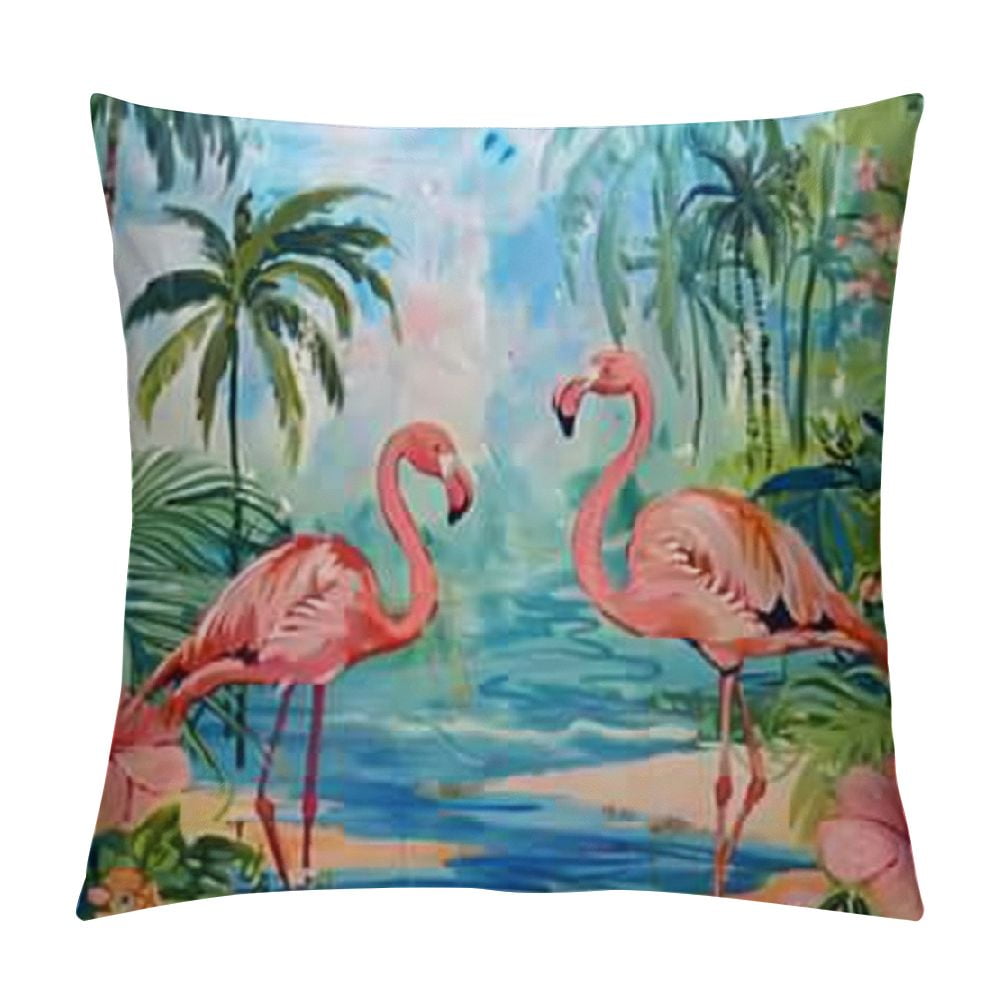 Summer Tropical Flamingo Pillow Cover Lush Palm Landscape with Pink ...