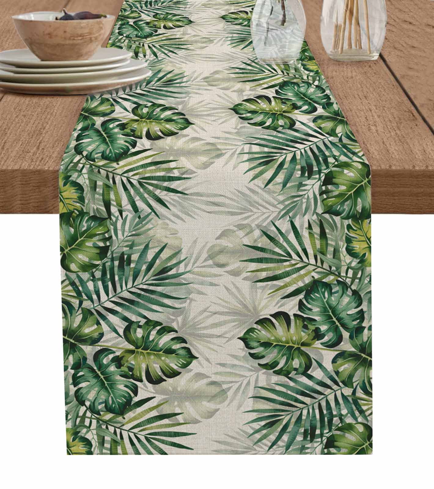 Summer Tropical Leaves Table Runner 60 Inches, Vintage Botanical Green ...