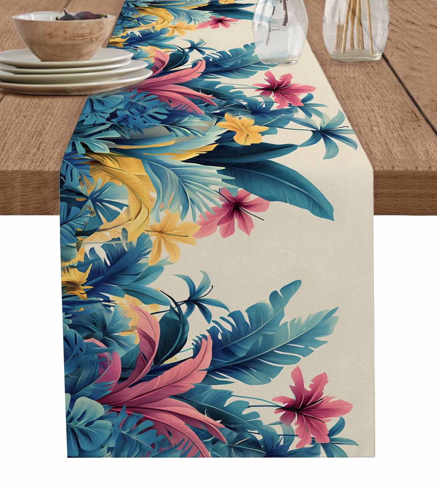 Summer Tropical Leaves Table Runner 72 Inches, Farmhouse Botanical ...