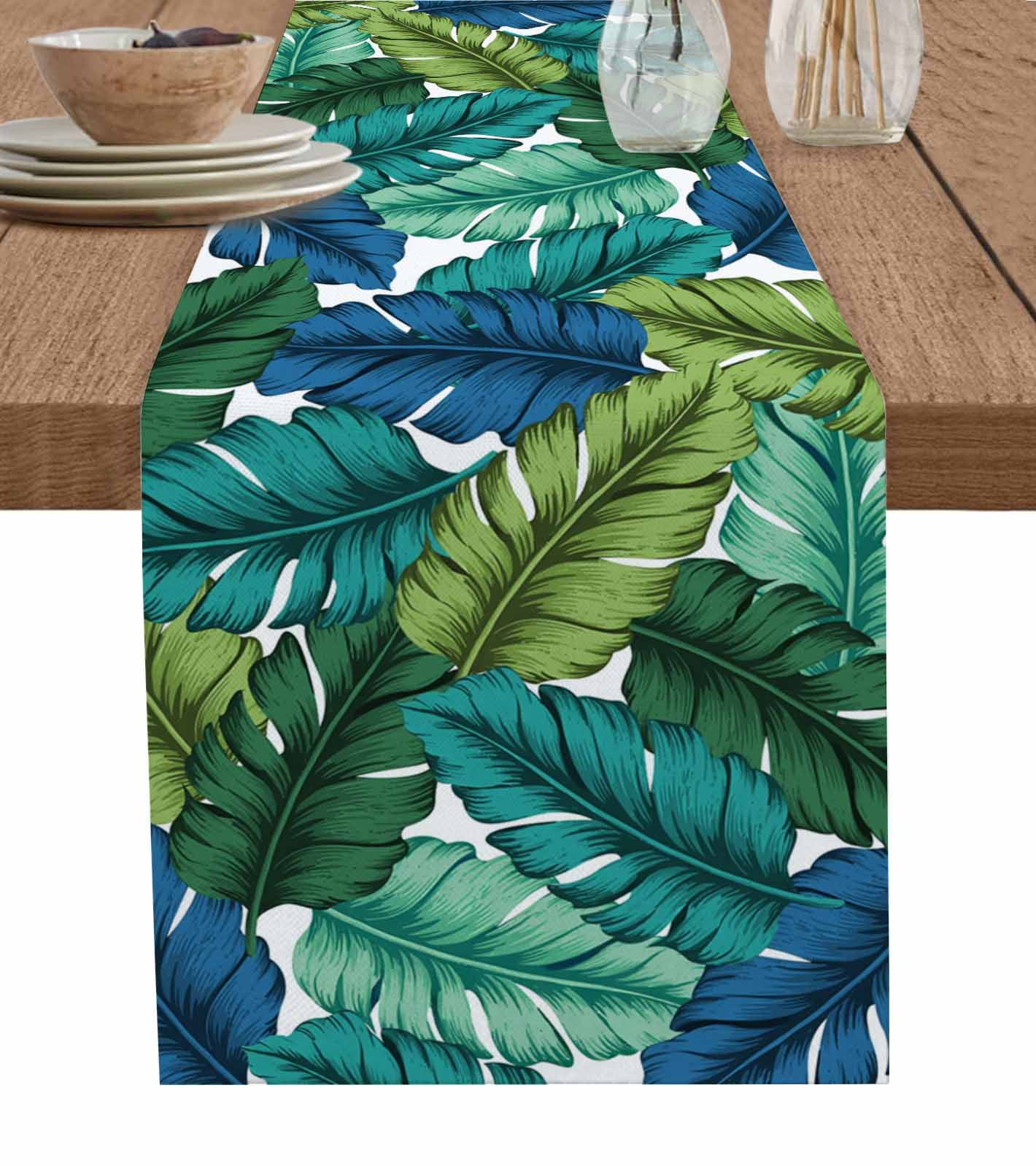 Summer Tropical Leaves Table Runner Blue Green Botanical Leaf Plants ...