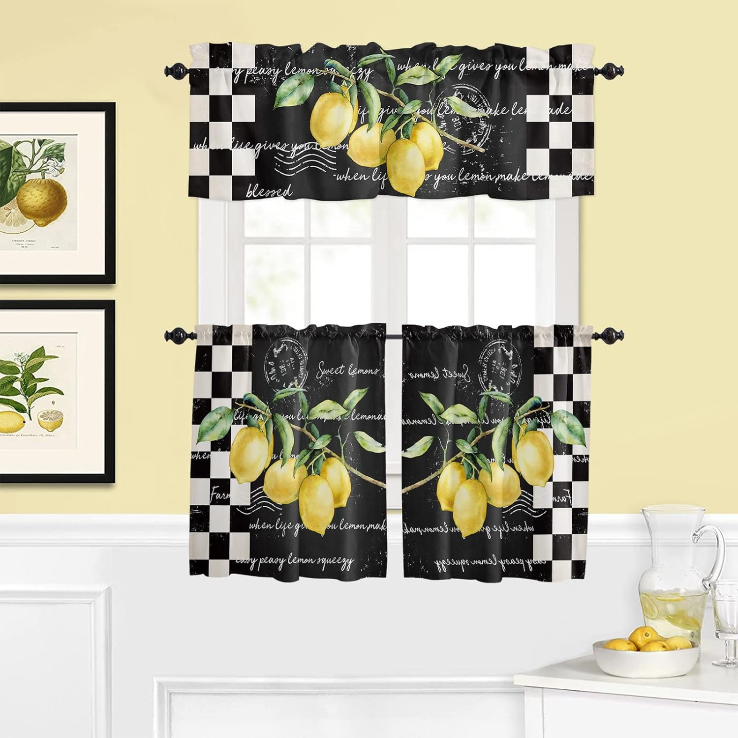 Summer Tropical Lemon 3-Piece Kitchen Curtain Set, Rod Pocket Kitchen ...