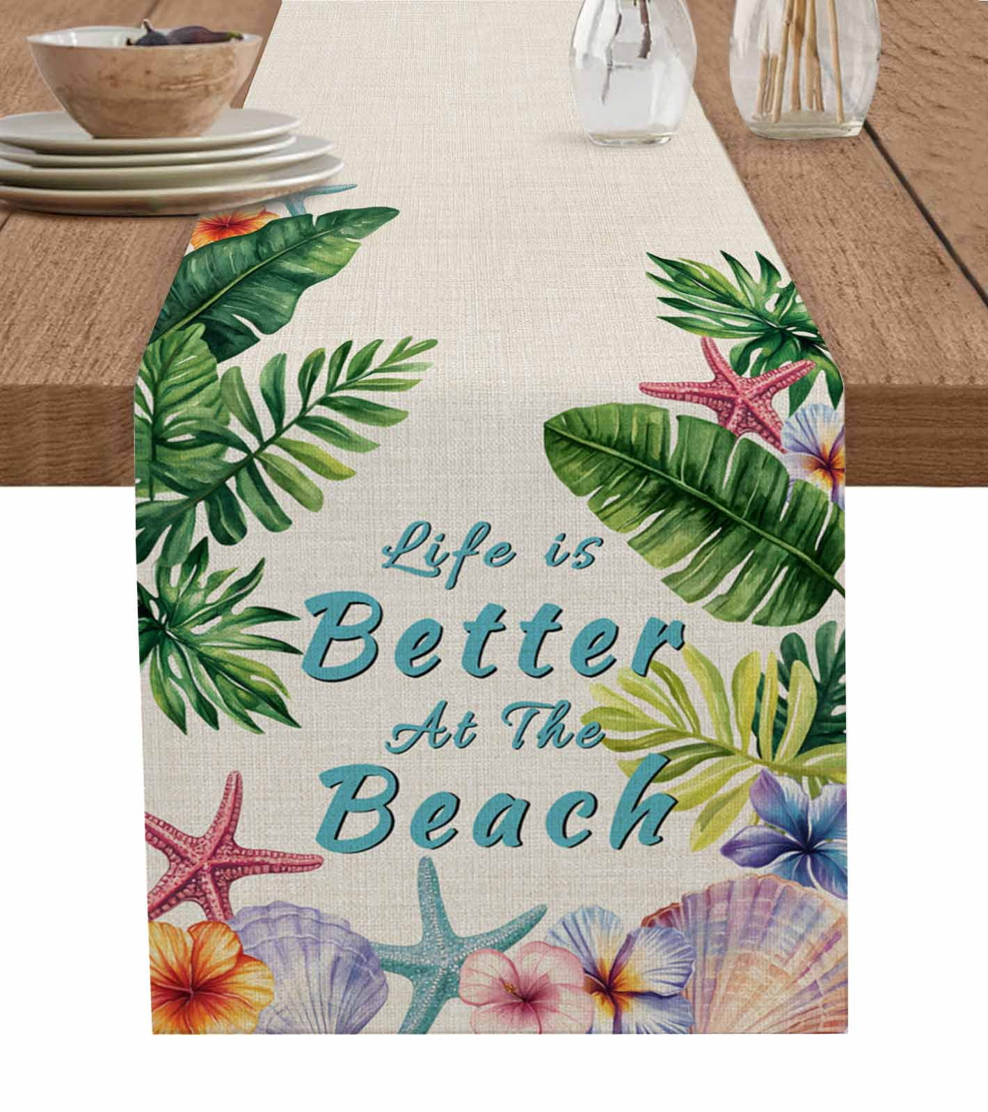 Summer Tropical Palm Leaf Burlap Cotton Table Runner 14x72 Inches Long ...