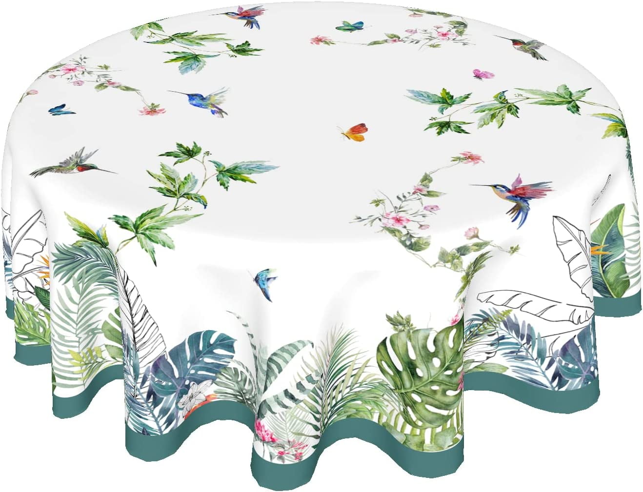 Summer Tropical Palm Leaf Round Tablecloth 60 Inch Spring Floral Butterfly Hummingbird Table ...