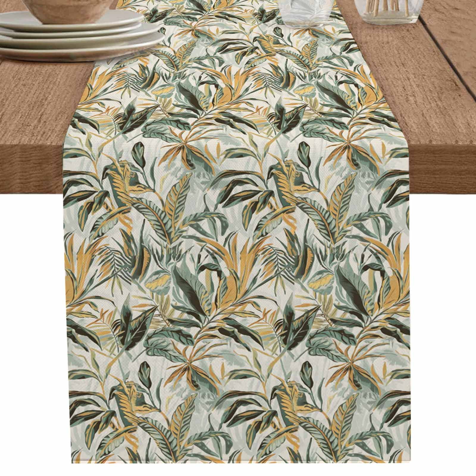 Summer Tropical Palm Leaves on Vintage Table Runner-70 Inch Long Green ...