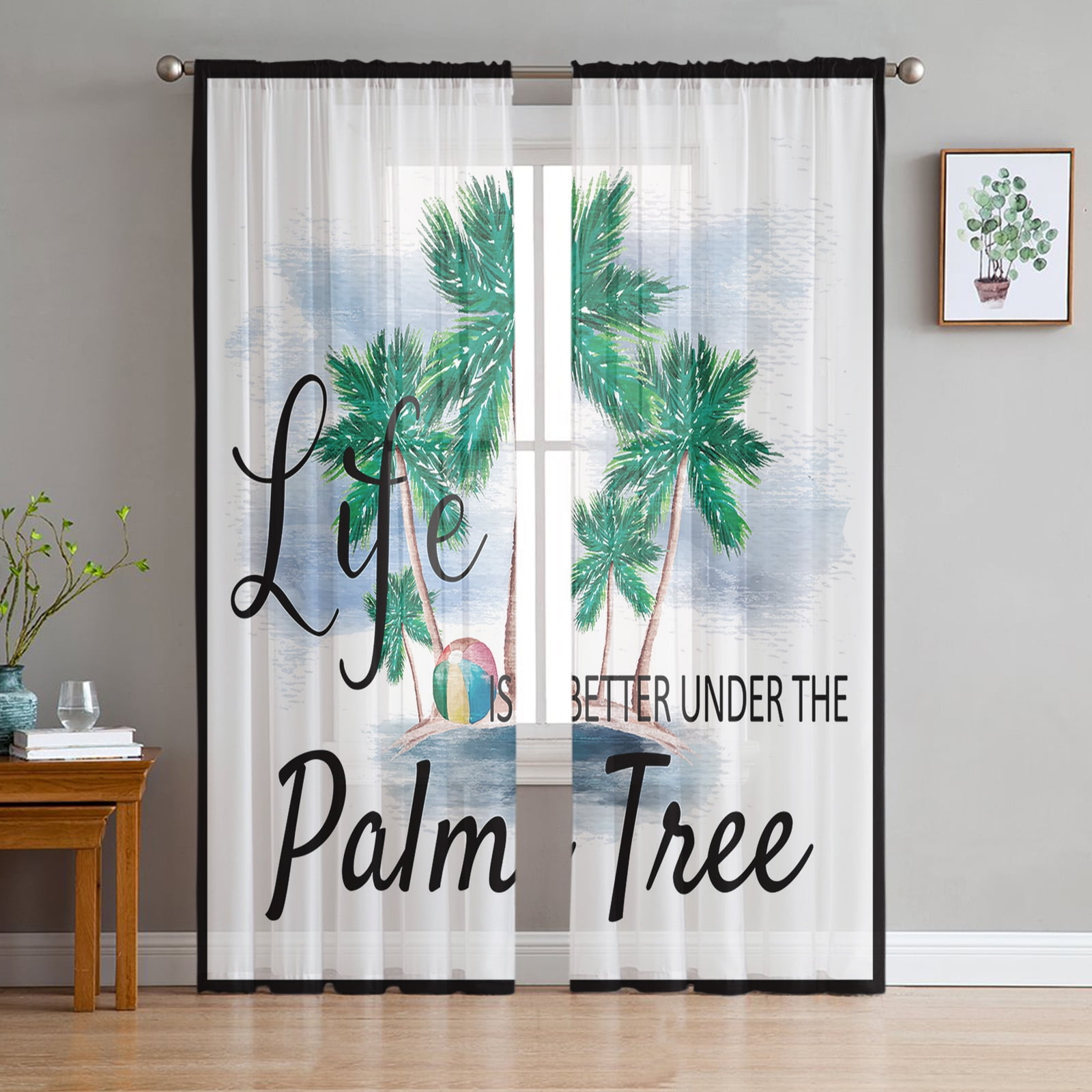 Summer Tropical Palm Tree Tulle Curtains for Living Room Bedroom ration ...