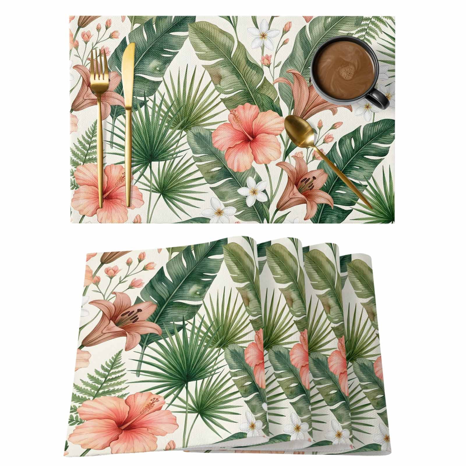 Summer Tropical Plants Placemats Set of 8 Watercolor Flowers Green ...