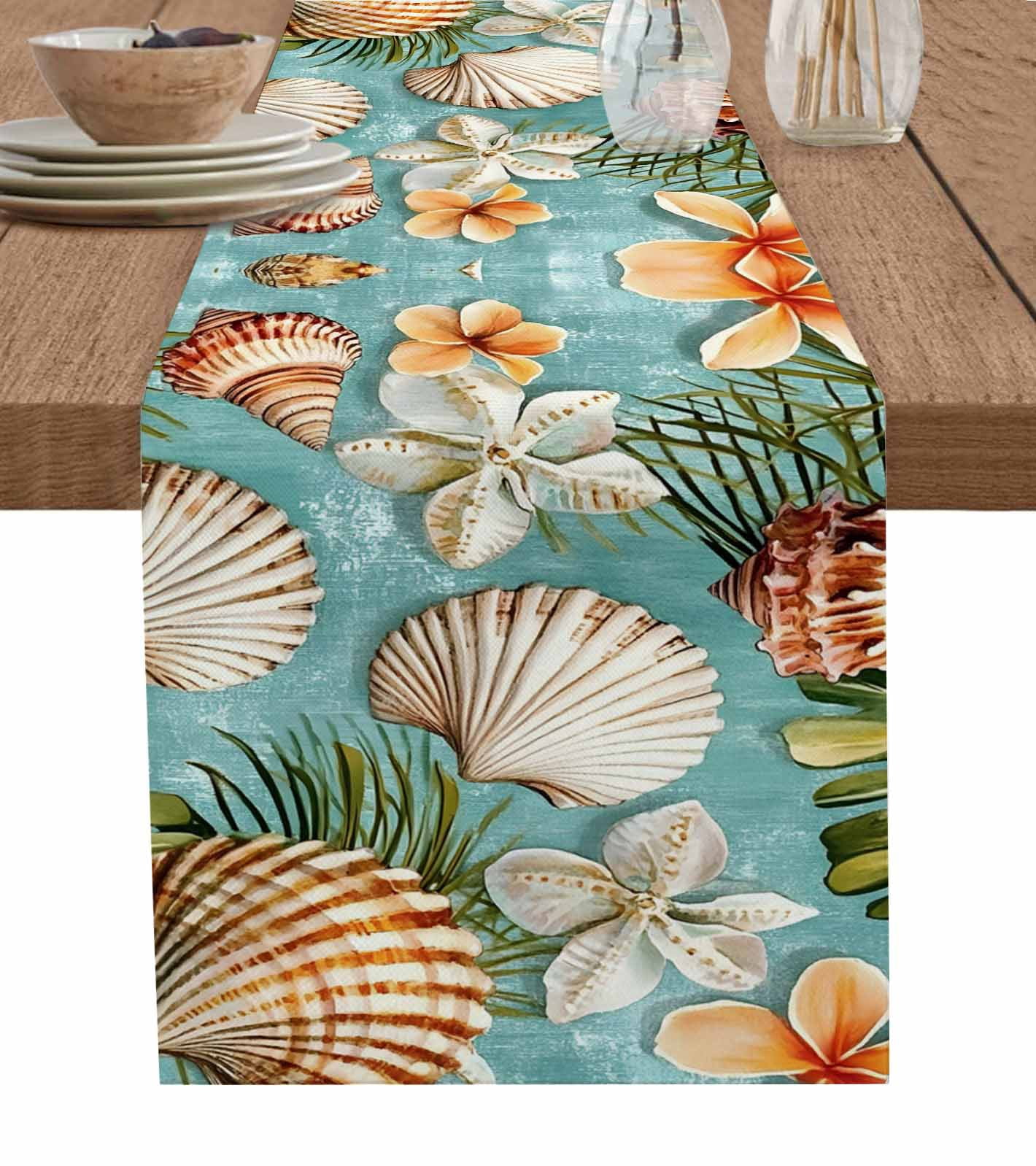 Summer Tropical Table Runner 36 Inches, Coastal Shell Flower Palm Leaf ...