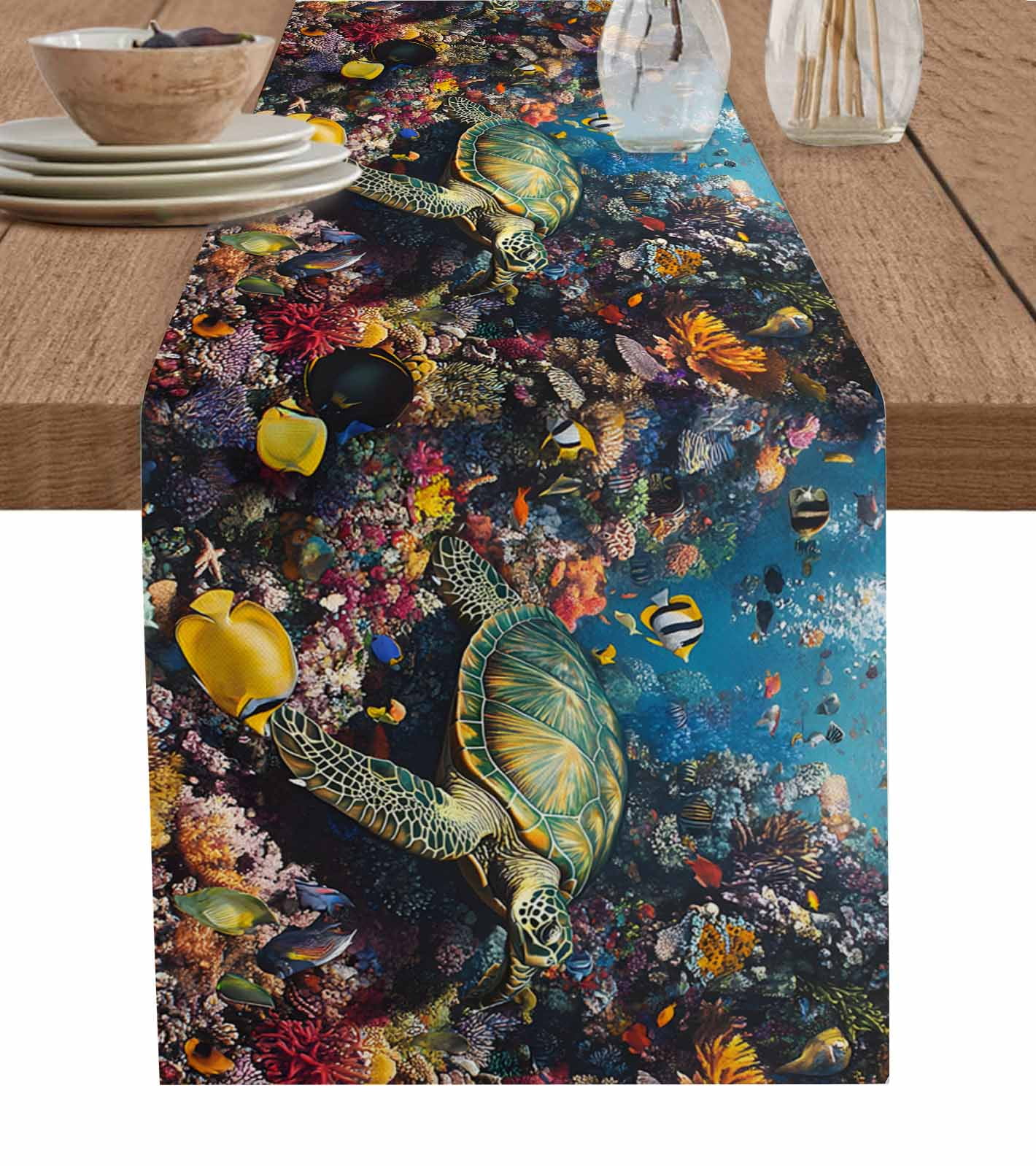 Summer Turtle Table Runner Cotton Linen 36 Inch Holiday Dresser Scarves ...