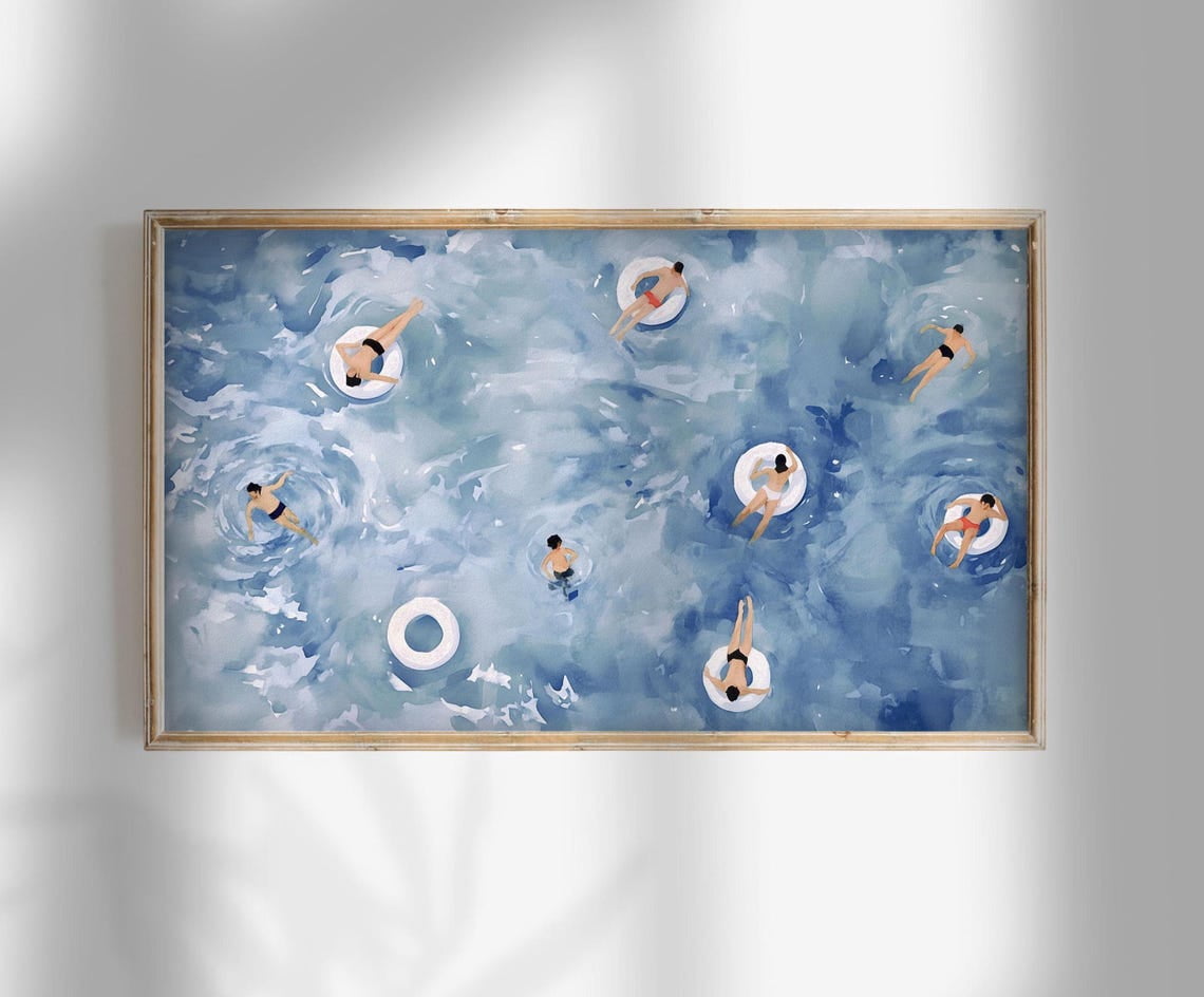 Summer Tv Art, Tiny People River Tubing & Swimming At Pool Or Beach Tv ...