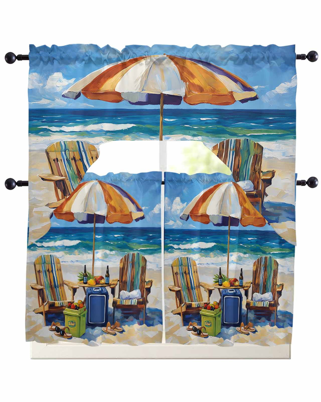 Summer Vacation Swag Valance and Tier Curtains Set Ocean Beach Wood Sun ...