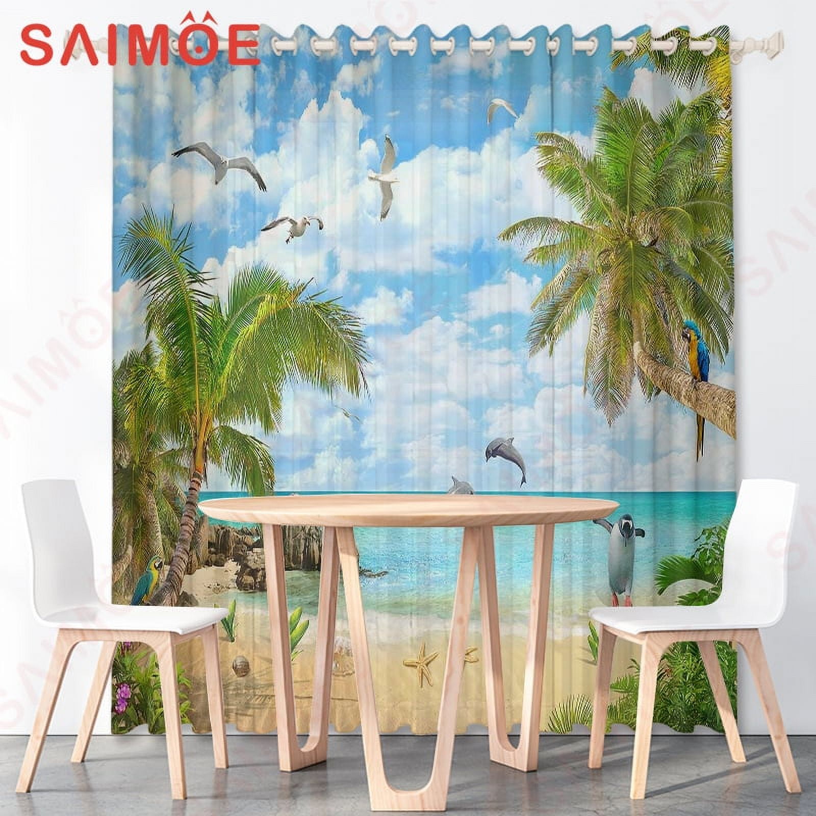Summer Vaion Blue Sky White Clouds Ocean Curtains Dolphin Beach Coconut Trees Thin Fabric ...