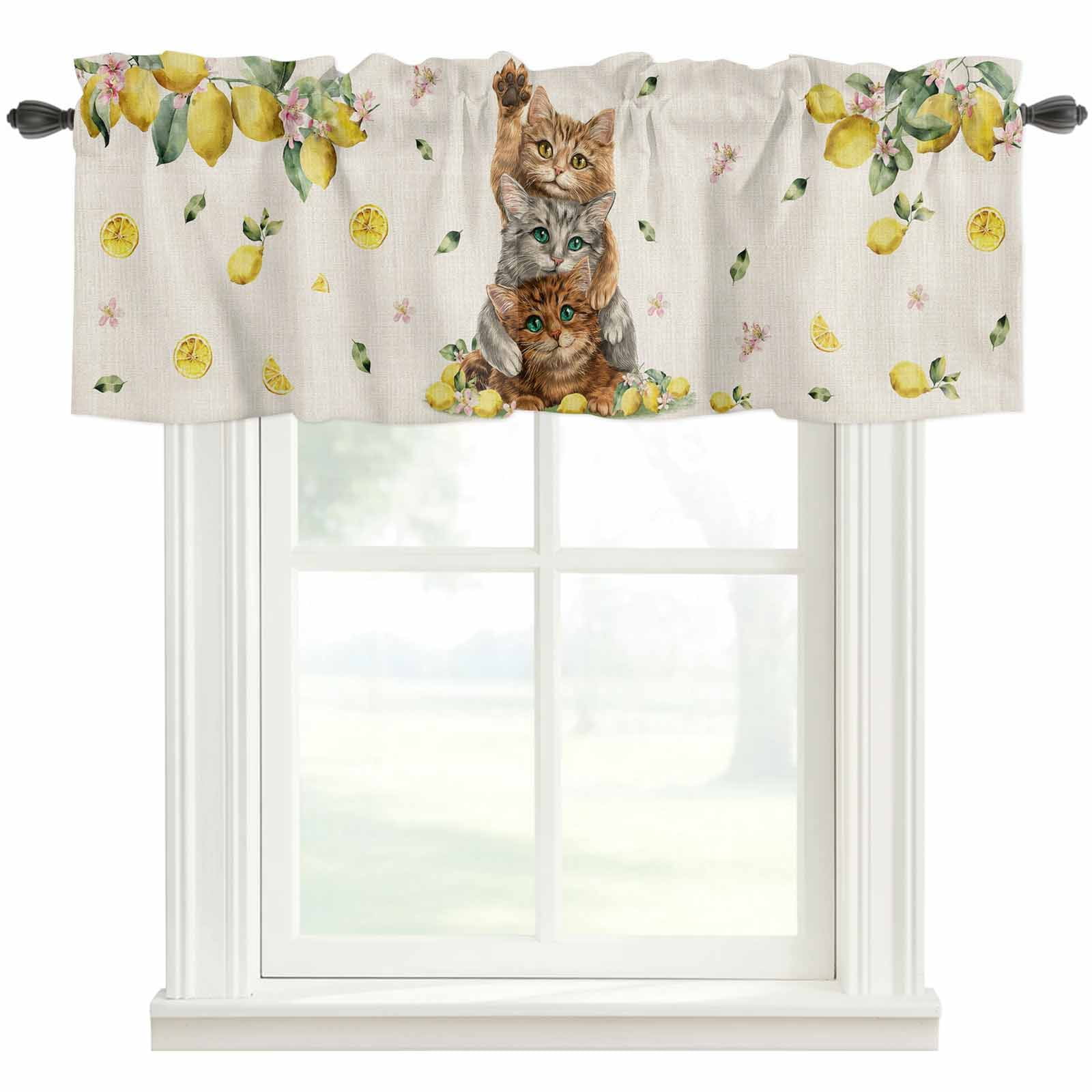 Summer Valances for Windows Three Cute Cats with Lemons Fruit Leaves ...