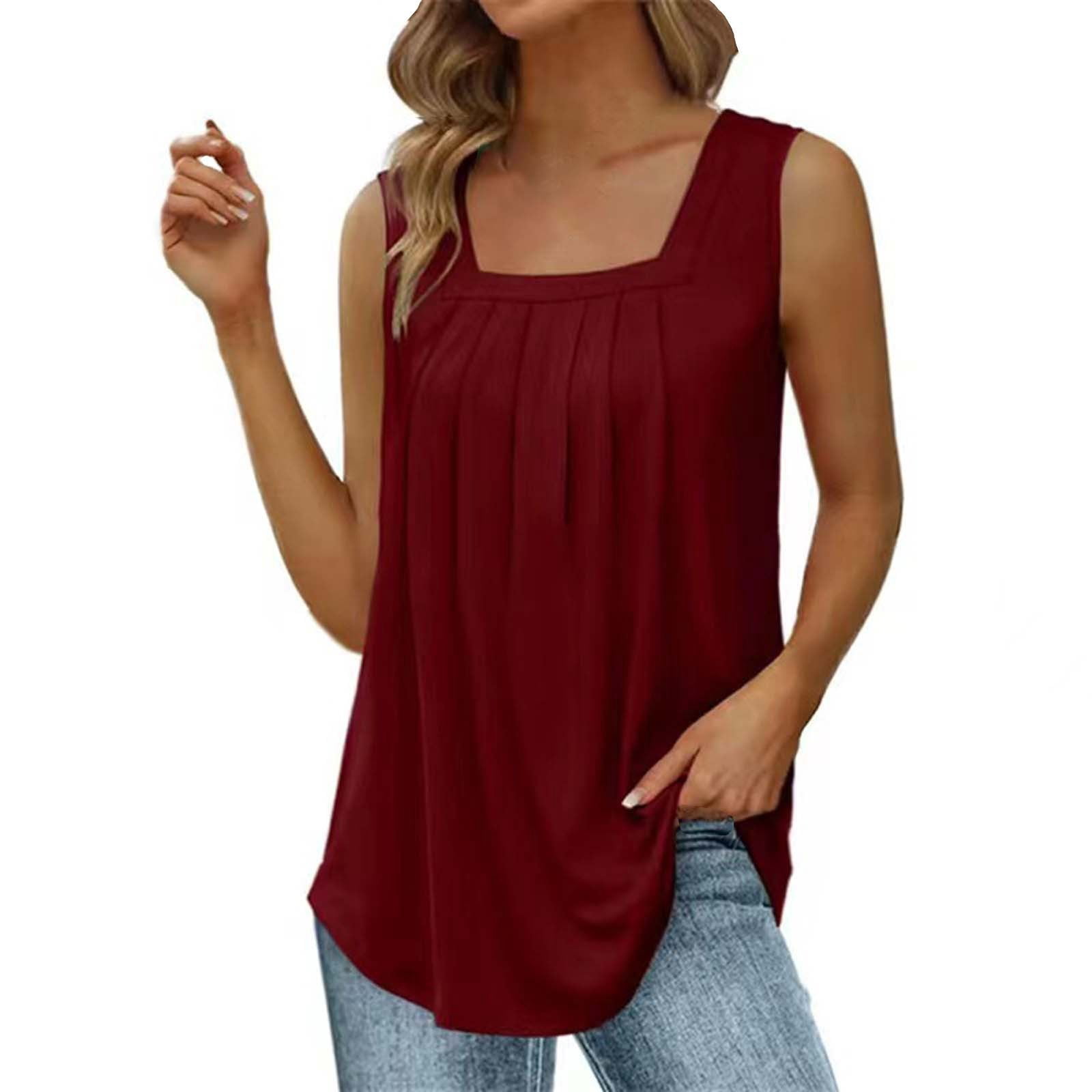 Summer Vest Loose Pleated Square Neck Sleeveless Top Large Size Women's ...