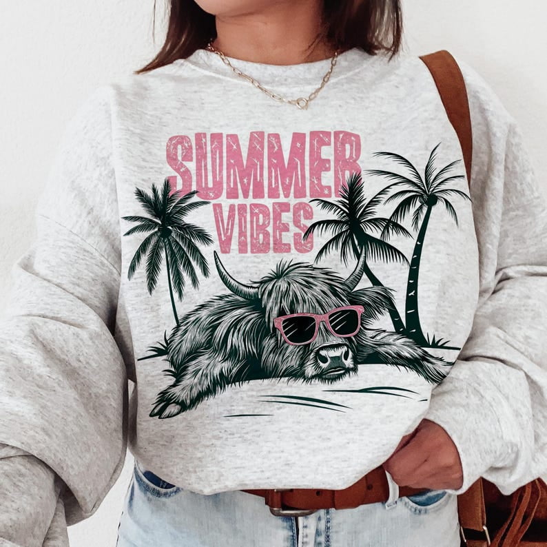 Summer Vibes Shirt, Highland Cow Design Sweatshirt, Retro Summer Shirt ...