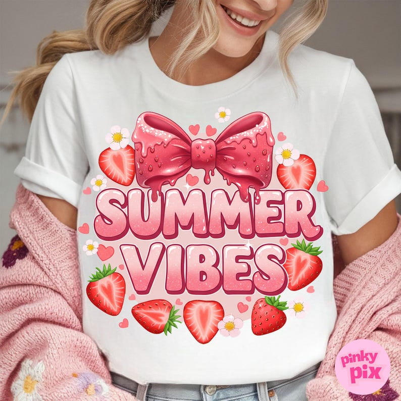 Summer Vibes Shirt, Strawberry Bow Clipart, Cute Summer Sublimation ...