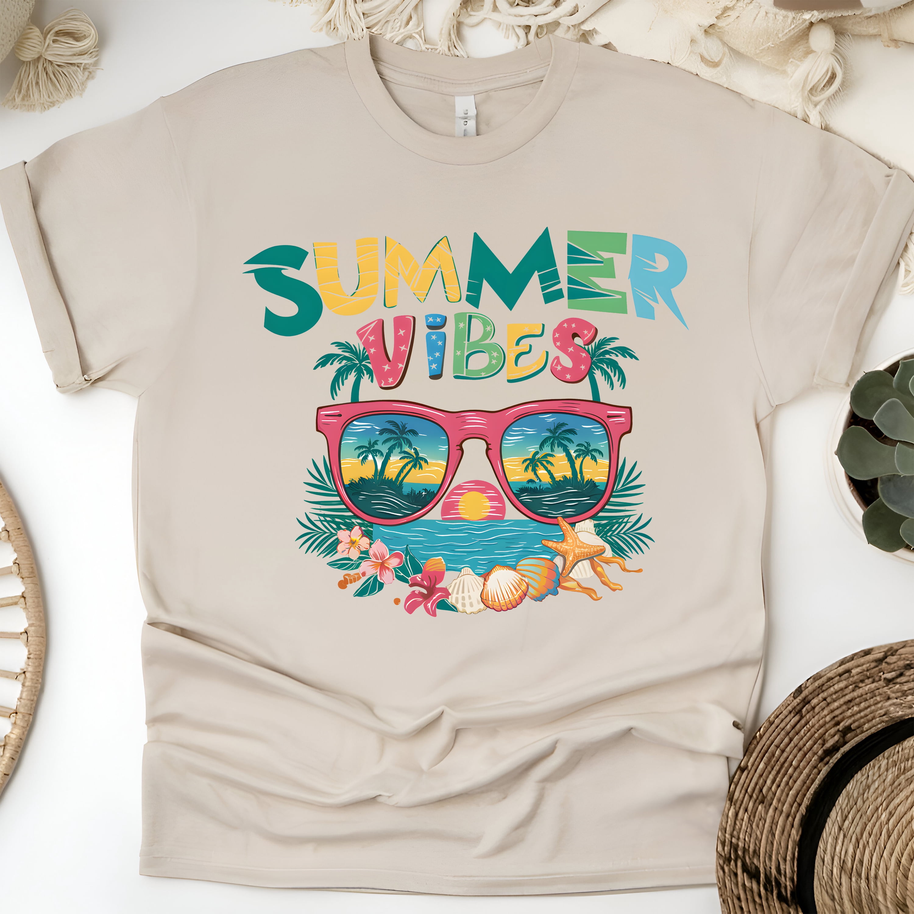 Summer Vibes T-Shirt for Women, Tropical Sunset Beach Sunglasses ...