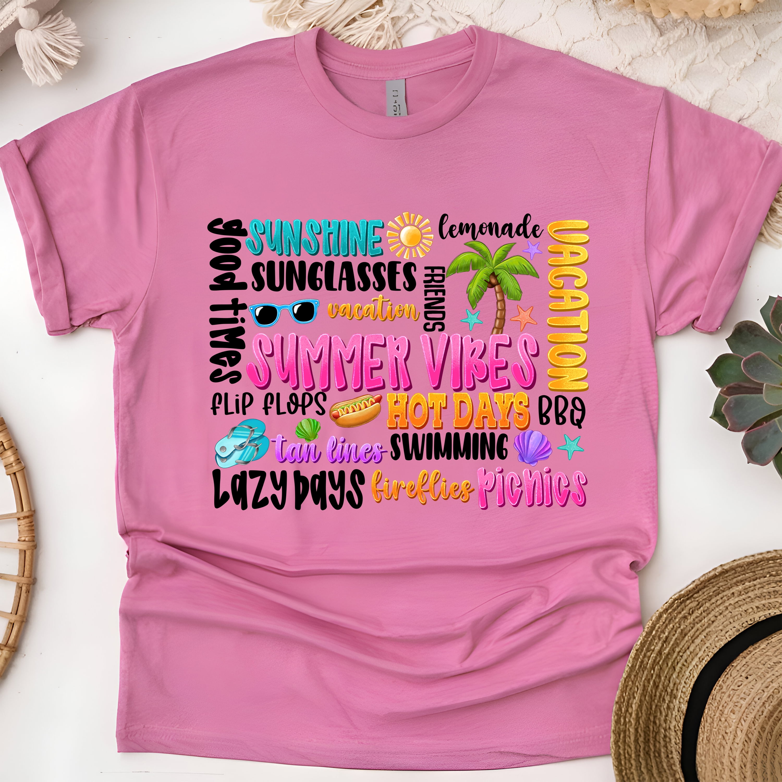 Summer Vibes Word Art Shirt – Sunshine Vacation Graphic Tee, Heliconia ...