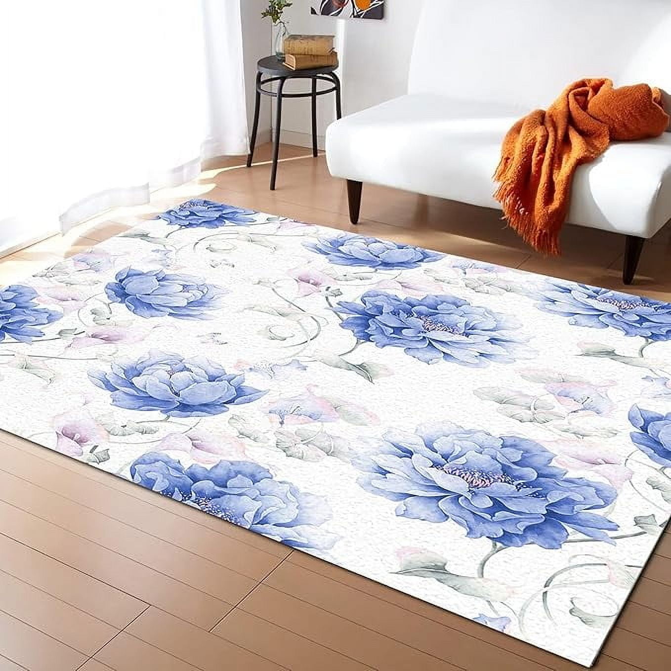 Summer Watercolor Flowers Area Rugs, Retro Blue Floral Watercolor Soft ...