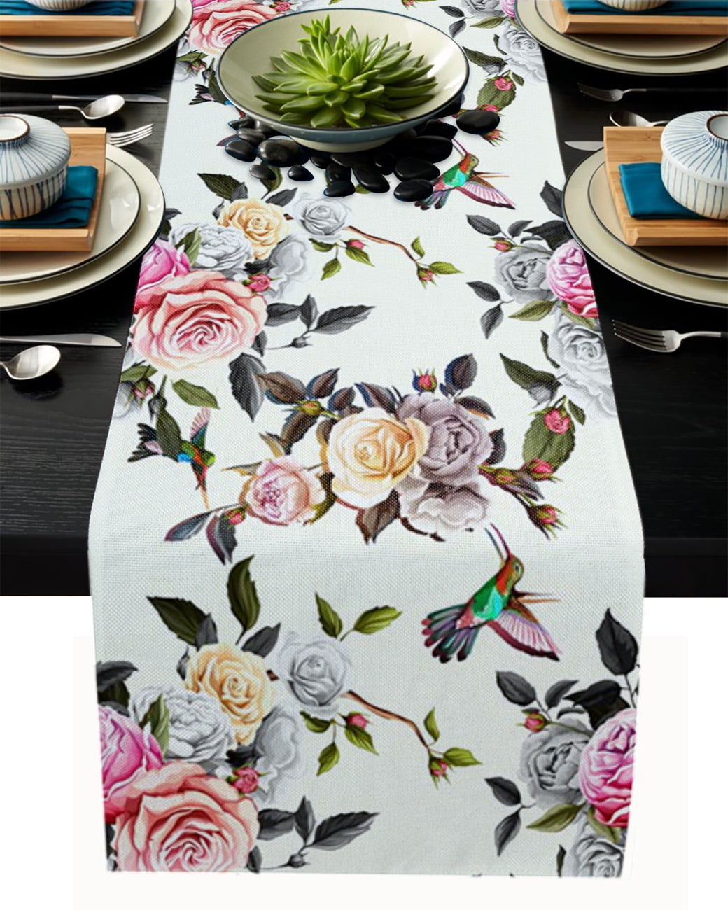 Summer Watercolor Flowers Blue Modern Table Runner For Wedding Party ...