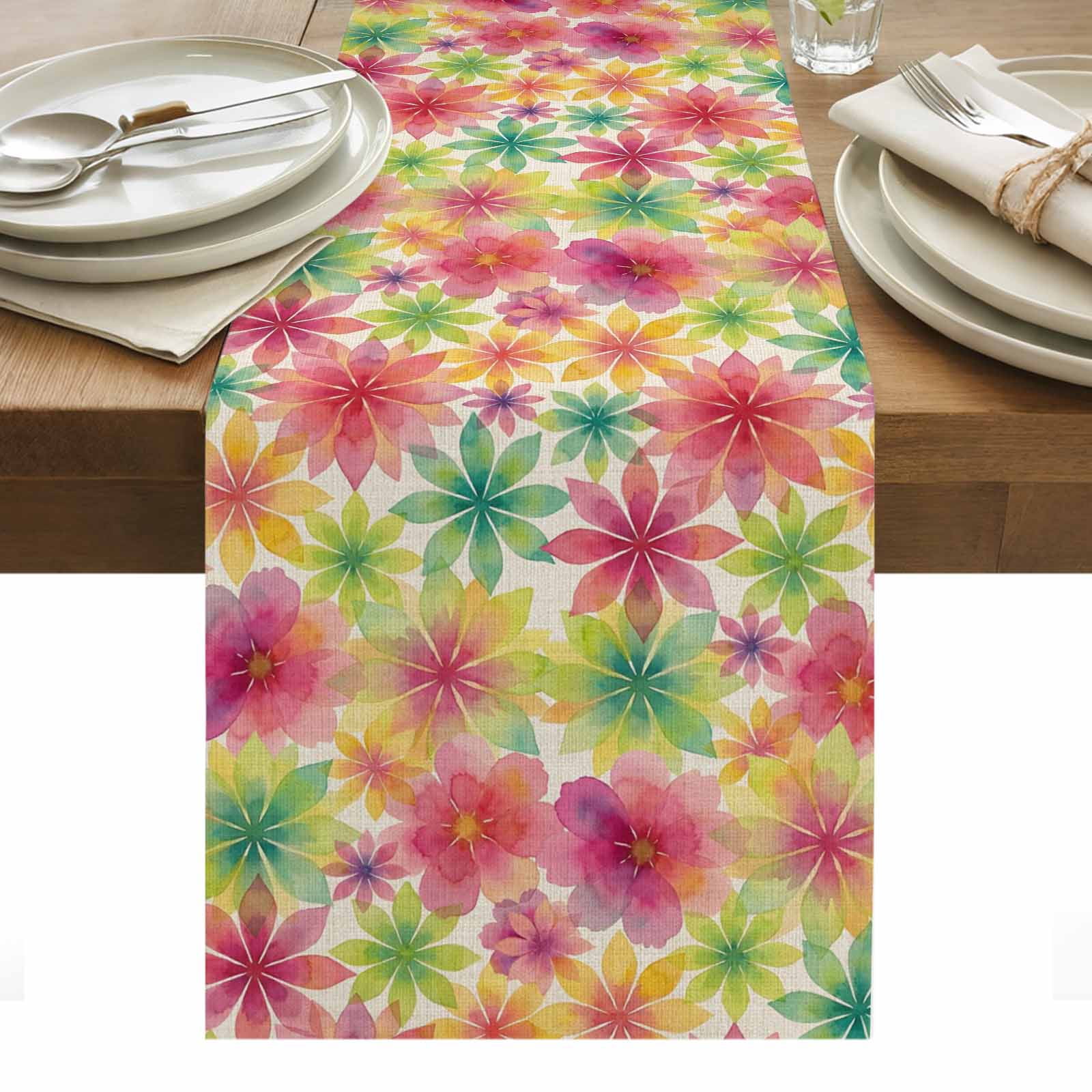 Summer Watercolor Flowers Cotton Linen Table Runner Colorful Floral ...