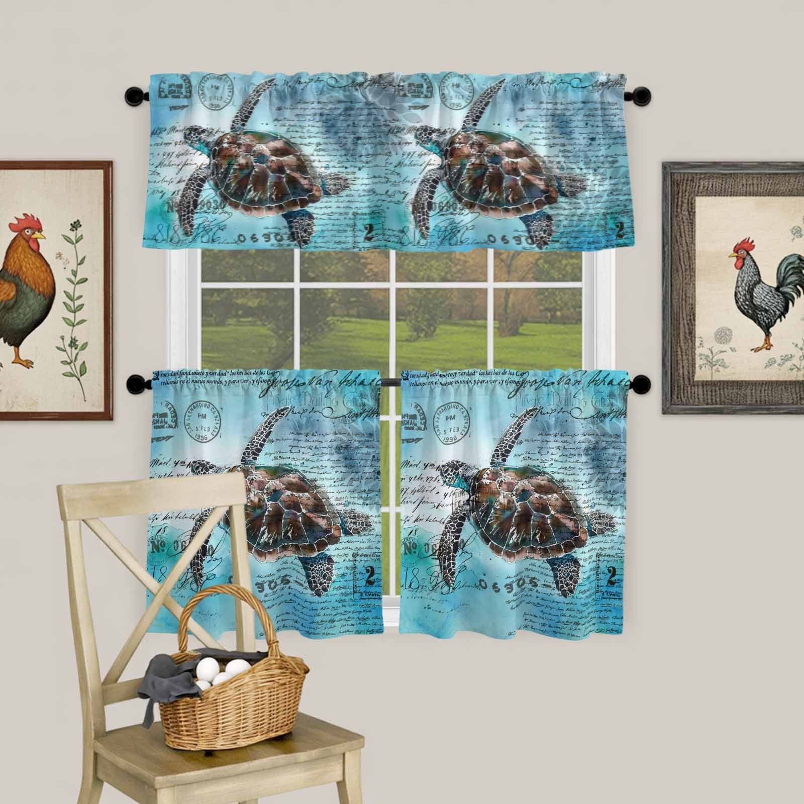 Summer Watercolor Ocean Turtle Curtain Tier and Valance Set 3 Piece ...