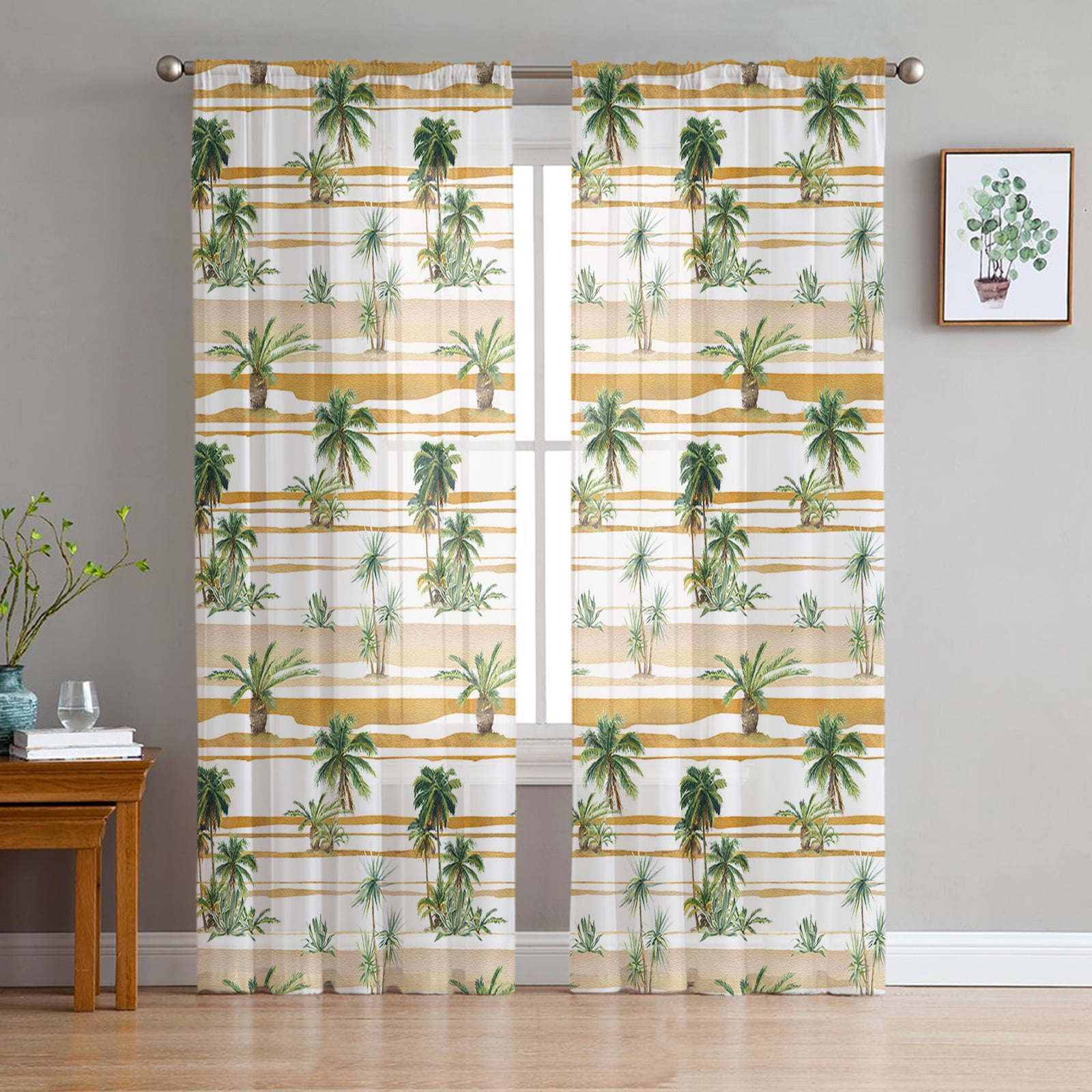 Summer Watercolor Palm Tree Retro Tulle Curtains ration Modern Chiffon ...