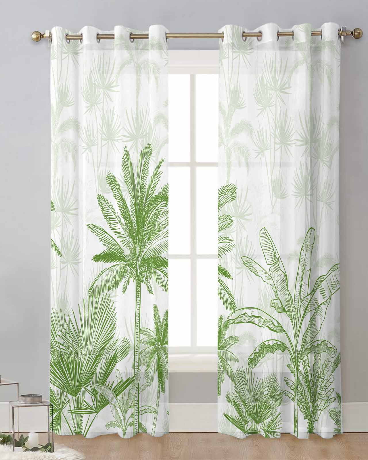 Summer Watercolor Tropical Plant Palm Tree Tulle Drapes Living Room ...