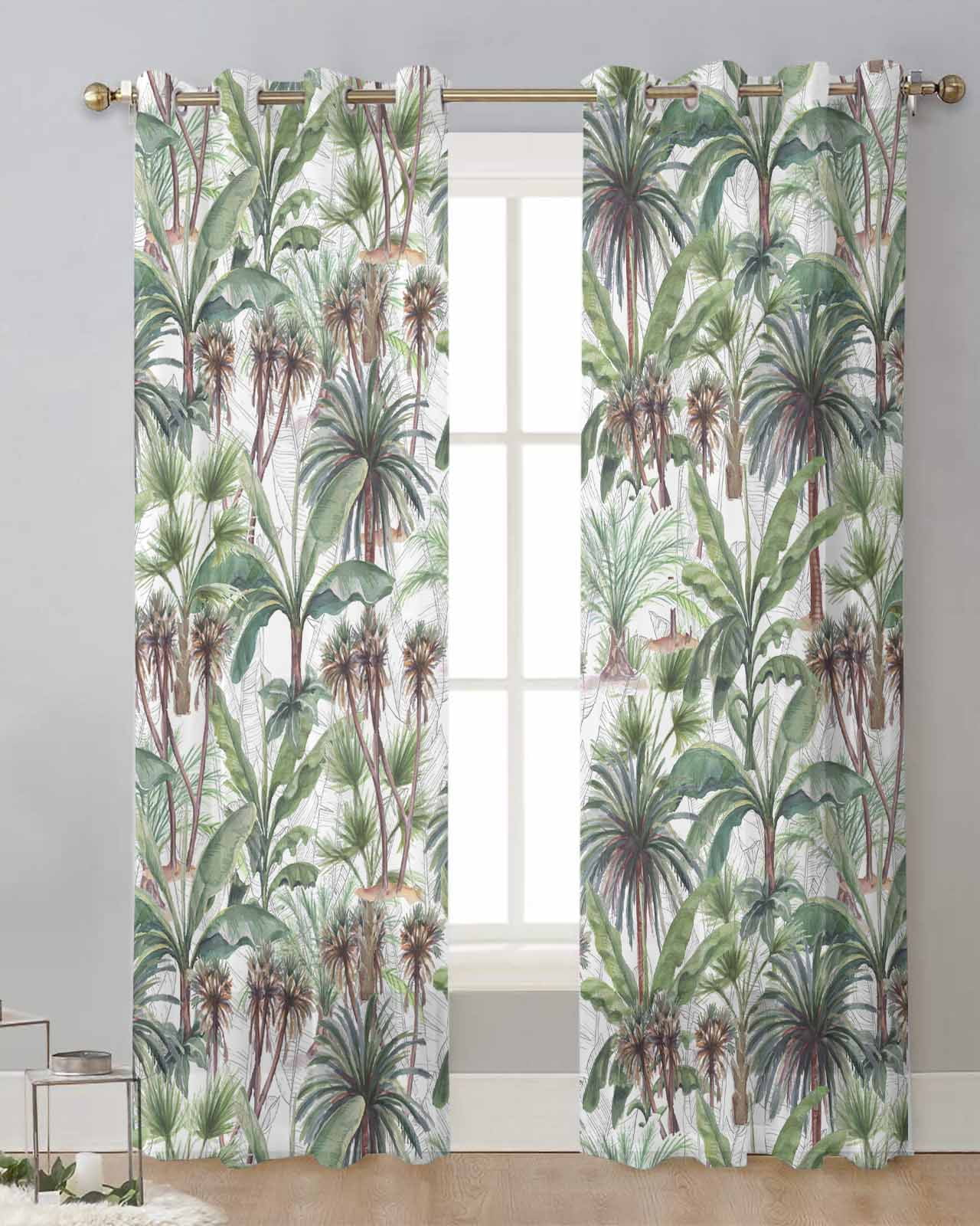 Summer Watercolor Tropical Plant Palm Tree Tulle Drapes Living Room ...