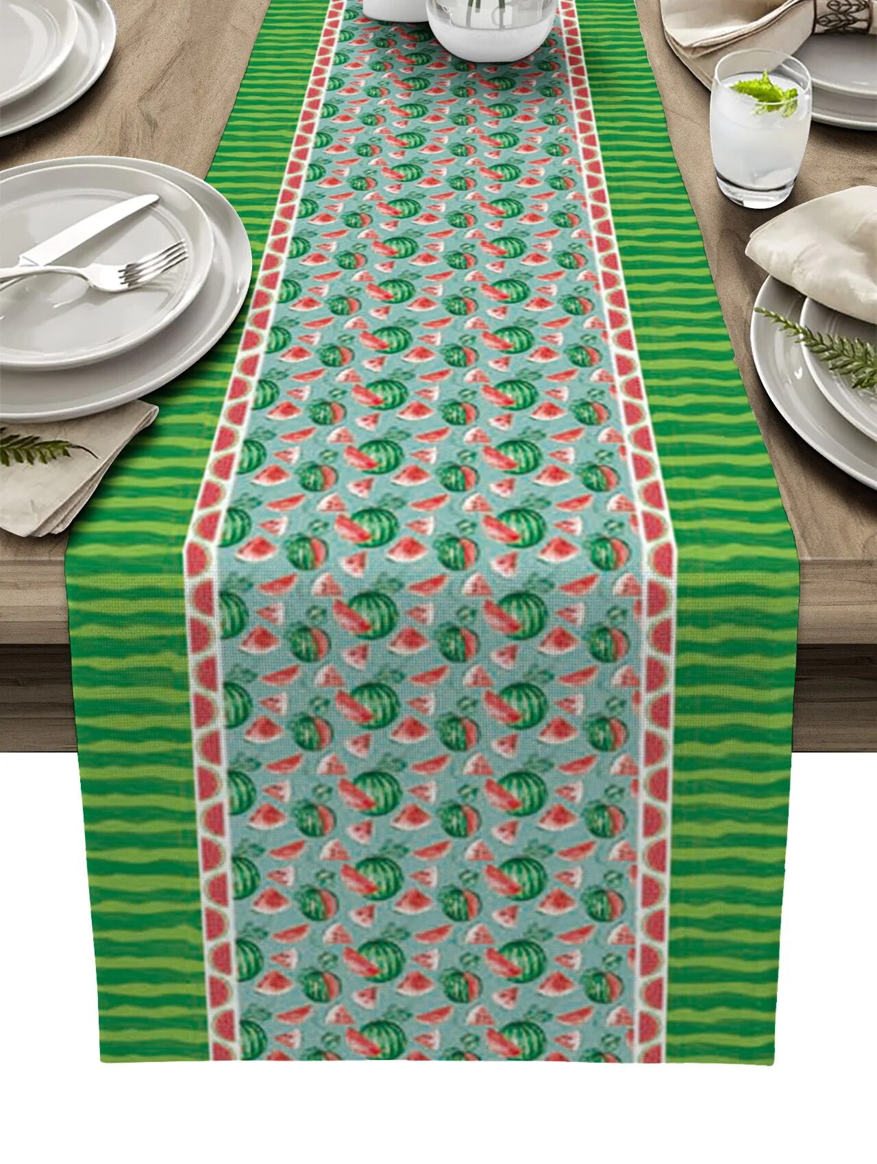Summer Watermelon Cartoon Stripes Table Runner Modern Party Dining ...