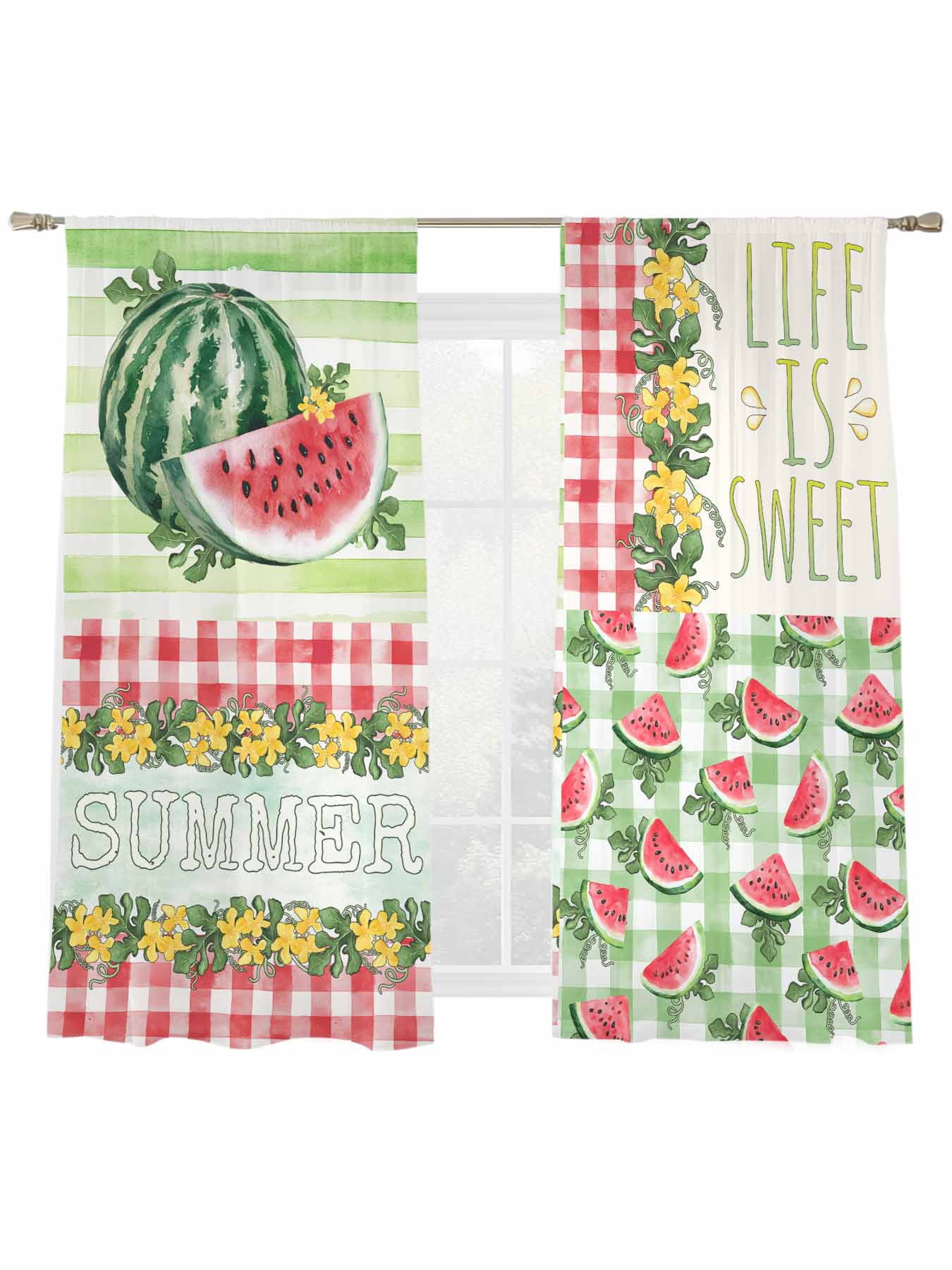 Summer Watermelon Sheer Curtains 2 Panels Set Rustic Flowers Fruit ...