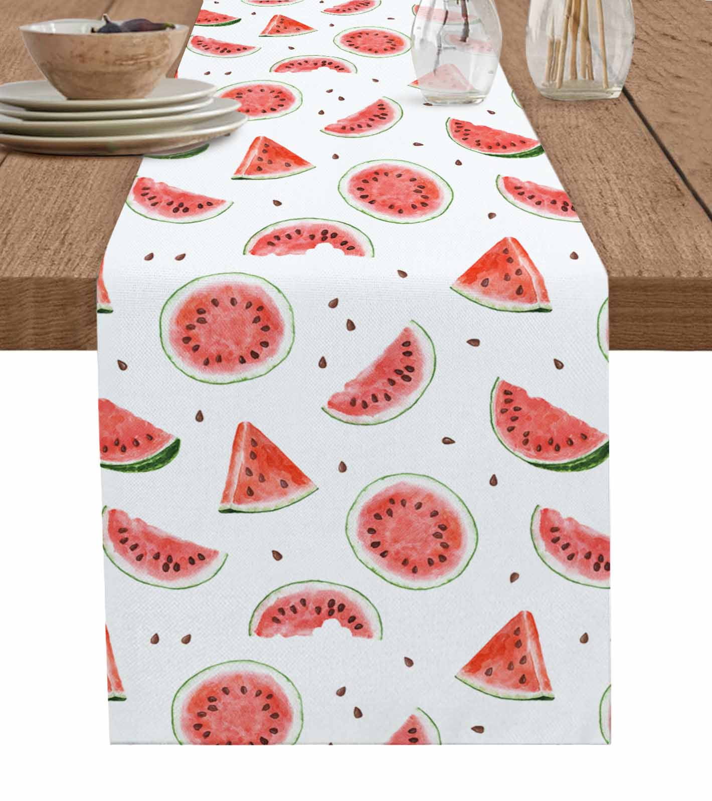 Summer Watermelon Watercolor Texture Table Runner Cotton Linen Wedding ...